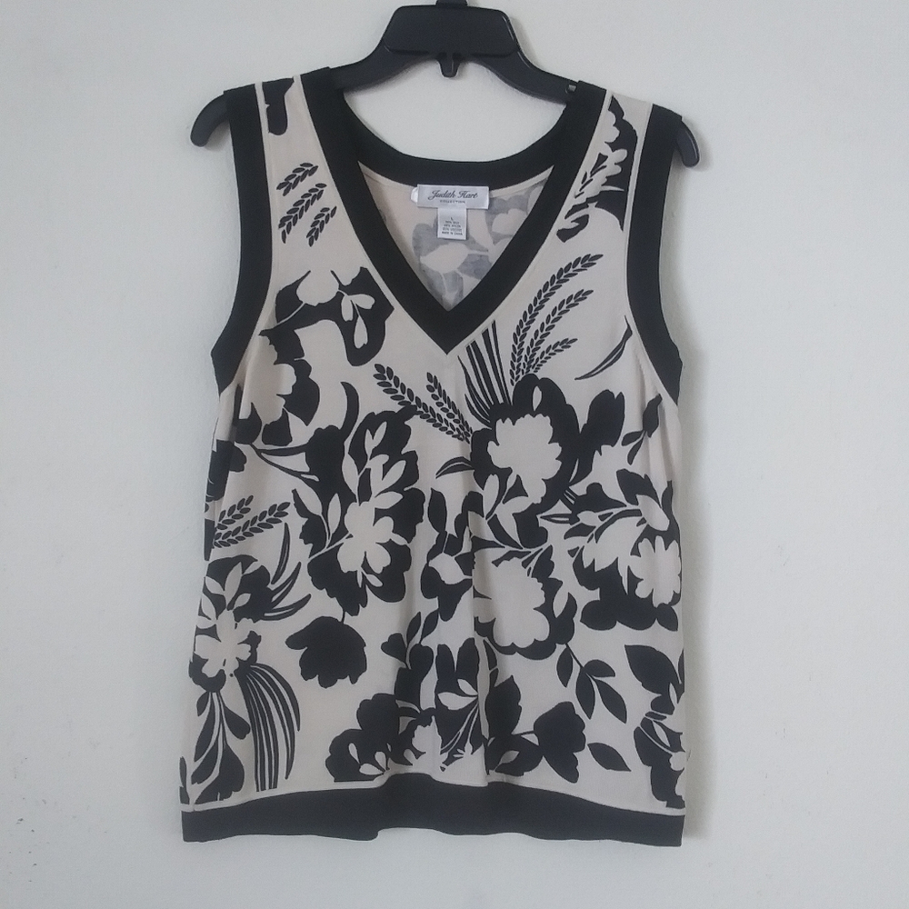 Judith Hart Silk Blend Sweater Vest, Tan & Black Flor… - Gem